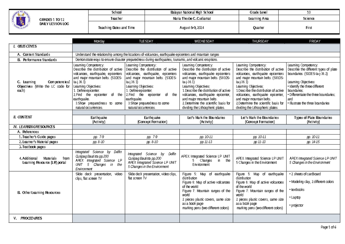 Grade 10 DLL WEEK 2 - week 2 plan - GRADES 1 TO 12 DAILY LESSON LOG ...