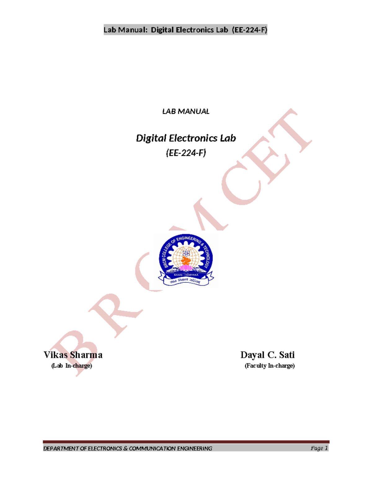 Lab Manual: Digital Electronics Lab (ECE 101) - Student Guidelines and ...