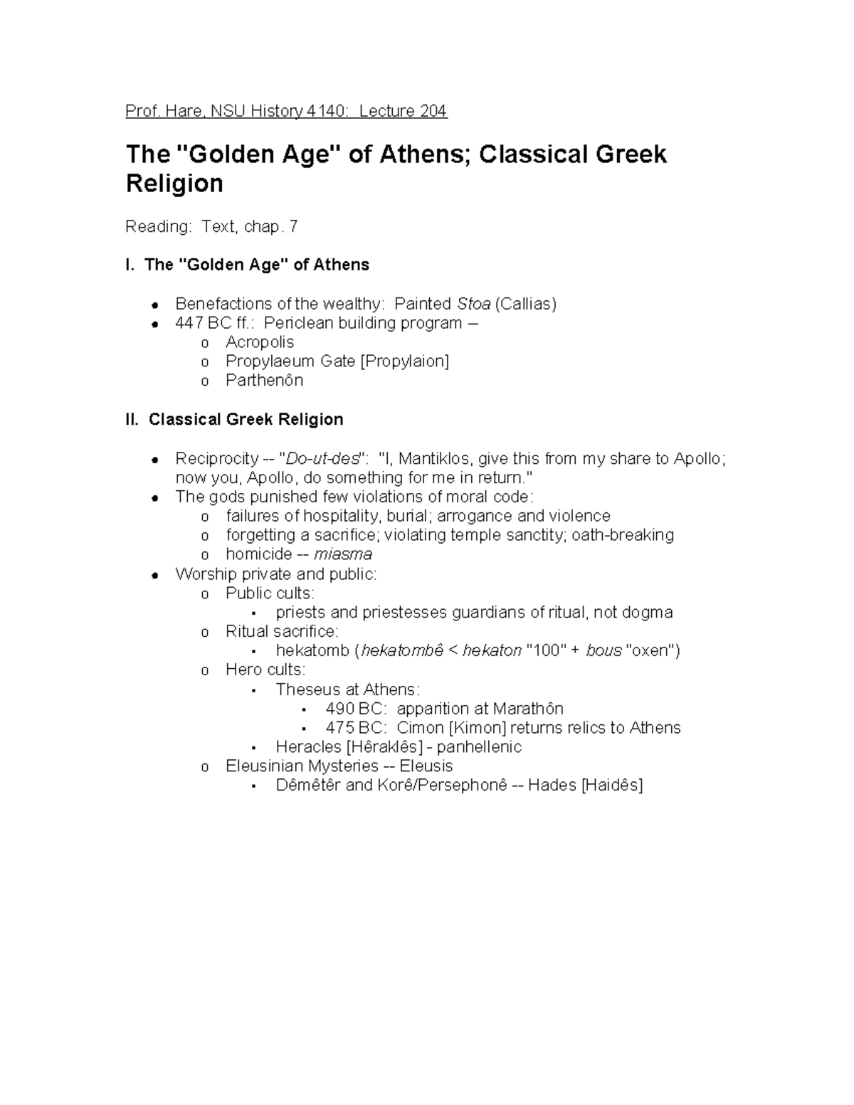 204 Greek Religion - Prof. Hare, NSU History 4140: Lecture 204 The ...