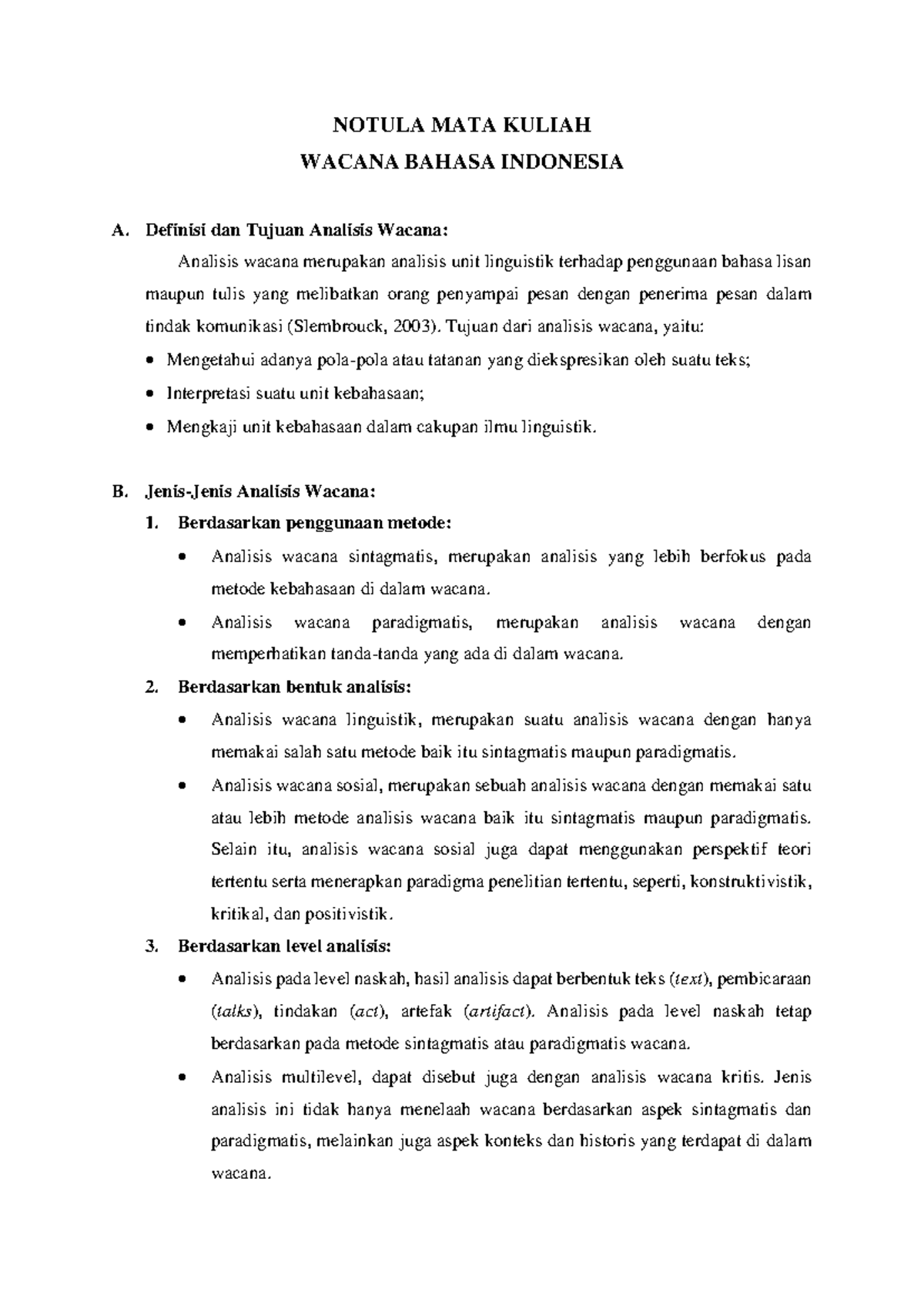 Notula Jenis-Jenis Analisis Wacana dalam Wacana Bahasa Indonesia - Studocu