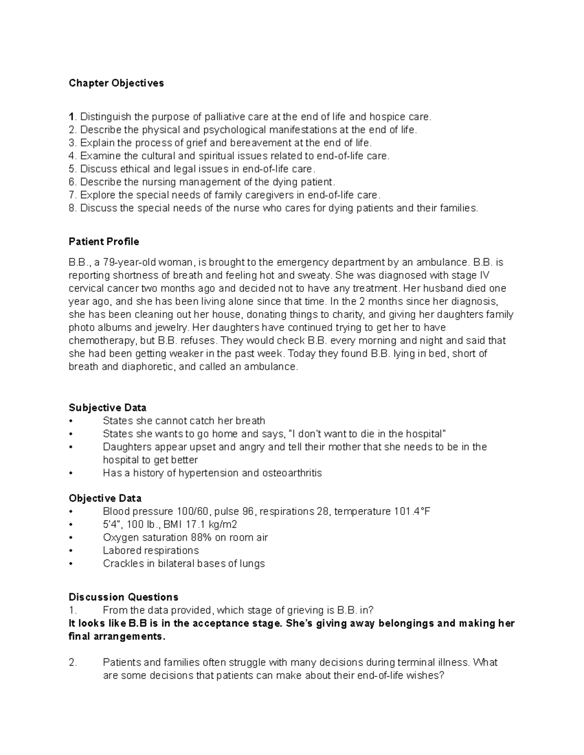 End of life Geriatrics Case Study - Chapter Objectives Distinguish the ...