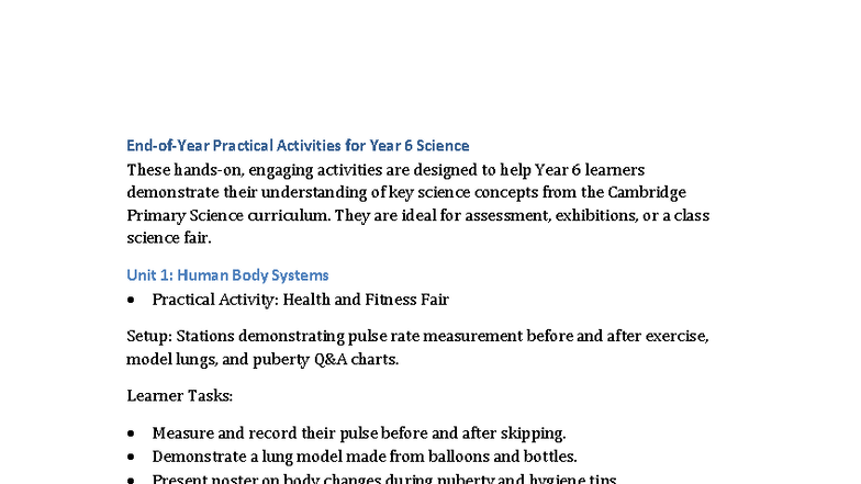 Year 6 Science Practical Activities for End of Year Assessment - Studocu