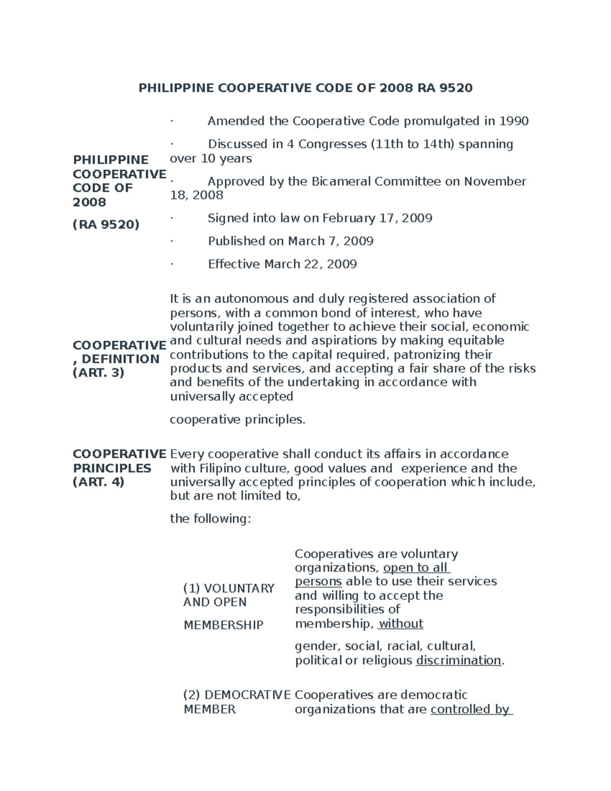 Philippine Cooperative Code of 2008 RA 9520: Key Provisions and Notes ...