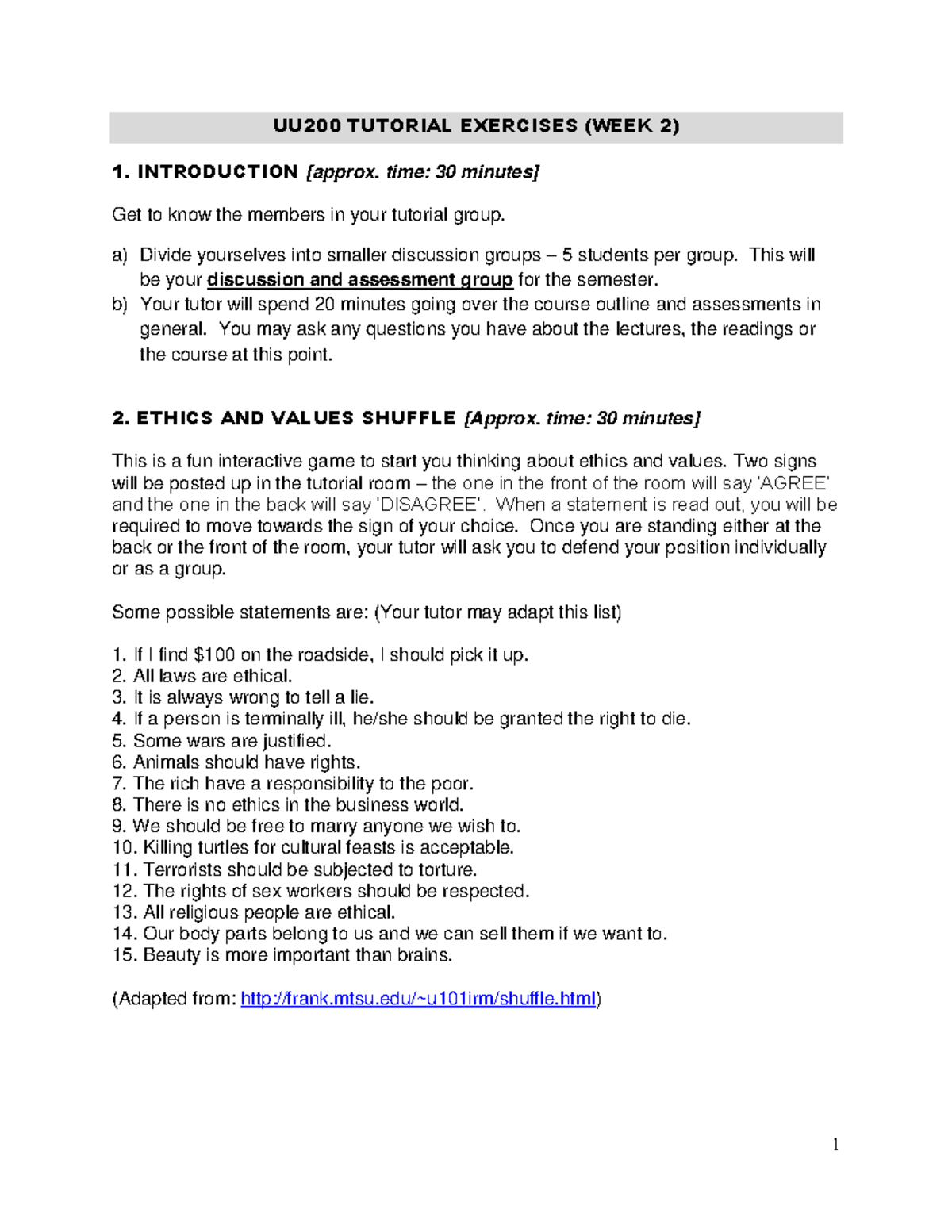 Week 2 Tutorial Exercises-2020 - 1 UU200 TUTORIAL EXERCISES (WEEK 2) INTRODUCTION [approx. time ...