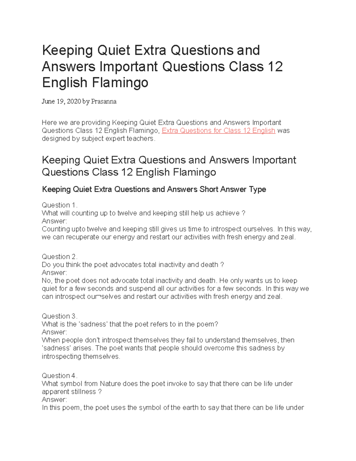 Keeping Quiet: Important Extra Questions & Answers for Class 12 English ...