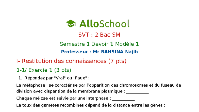 SVT : 2 Bac SM Semestre 1 Devoir 1 Modèle 1 - Méiose et Cycle de ...