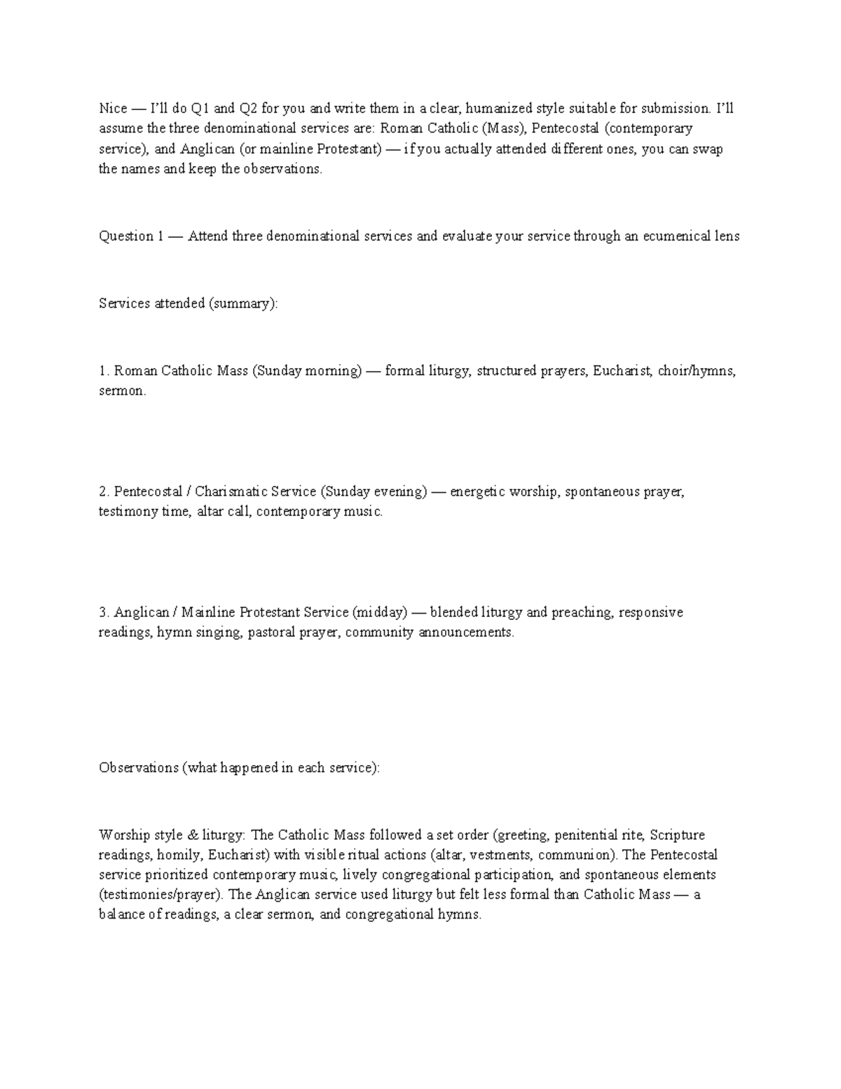 CRE 401 - Ecumenical Evaluation of Denominational Services and Action ...