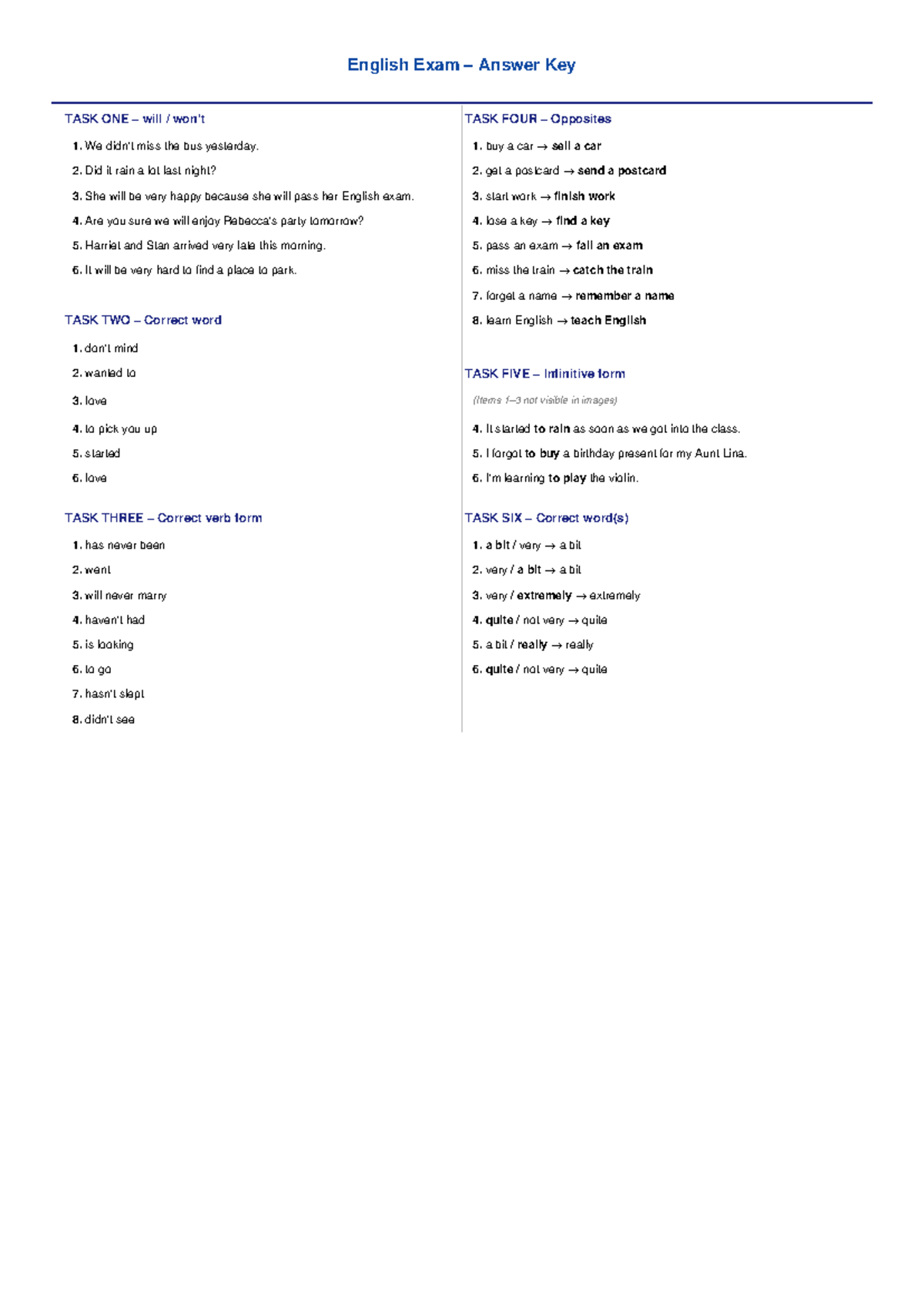 English Exam Answer Key: Tasks 1-6 Responses - Studocu