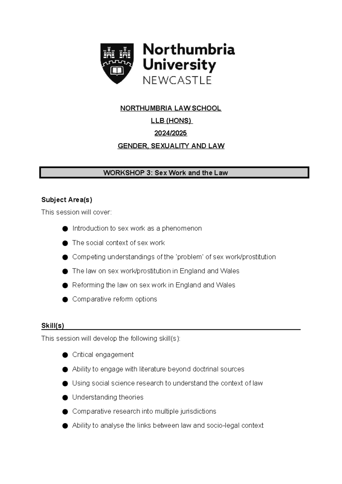 Workshop 3 Sex Work and the Law - NORTHUMBRIA LAW SCHOOL LLB (HONS ...