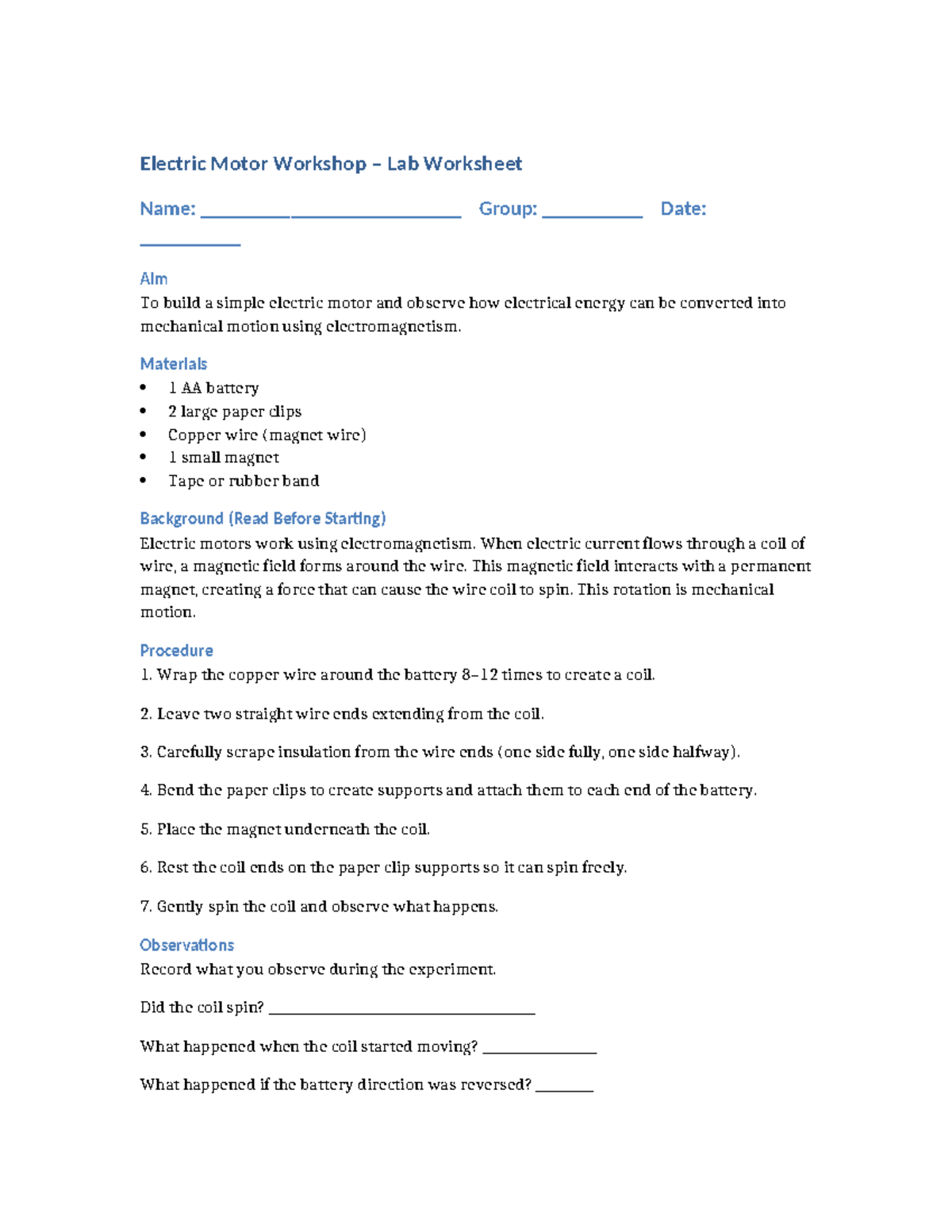 Electric Motor Lab Worksheet: Building a Simple Motor Experiment - Studocu