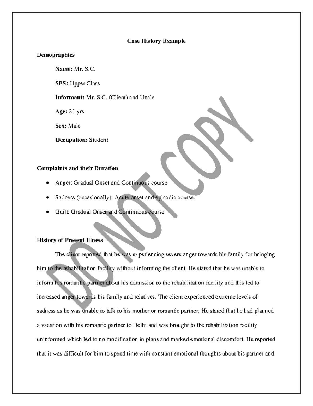Case History Sample - Case History - 5 Demographics Name: Mr. S. SES ...