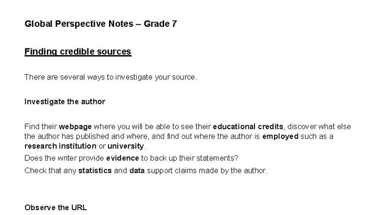 Grade 7 Global Perspective Notes: Evaluating Credible Sources - Studocu