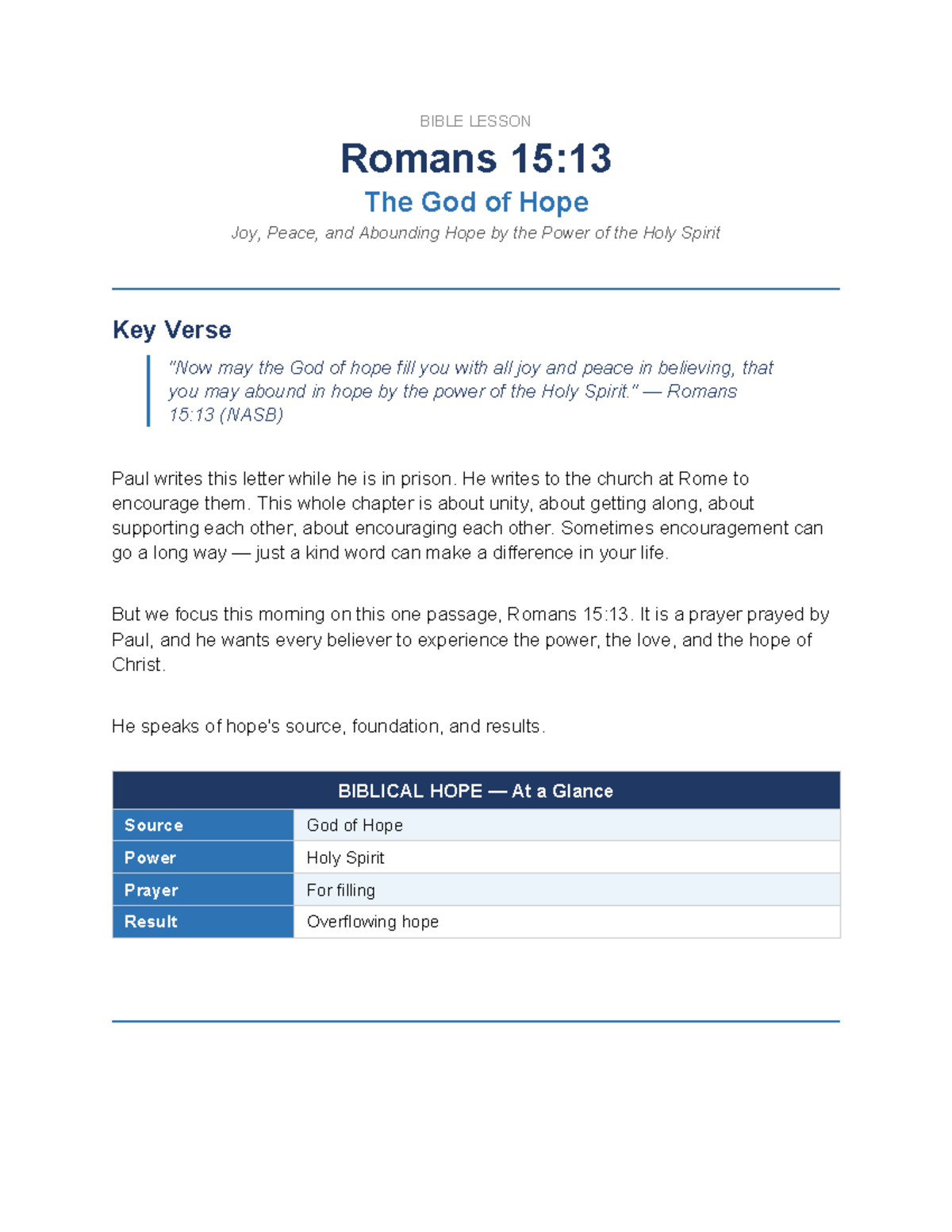Romans 15:13 Lesson - The God of Hope, Joy, and Peace - Studocu