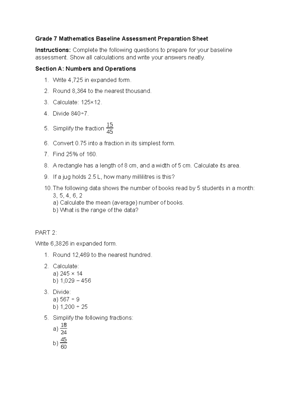 Grade 7 Math Baseline Assessment Prep Sheet - Studocu