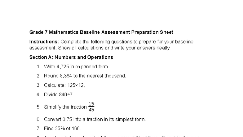 Grade 7 Math Baseline Assessment Prep Sheet - Studocu