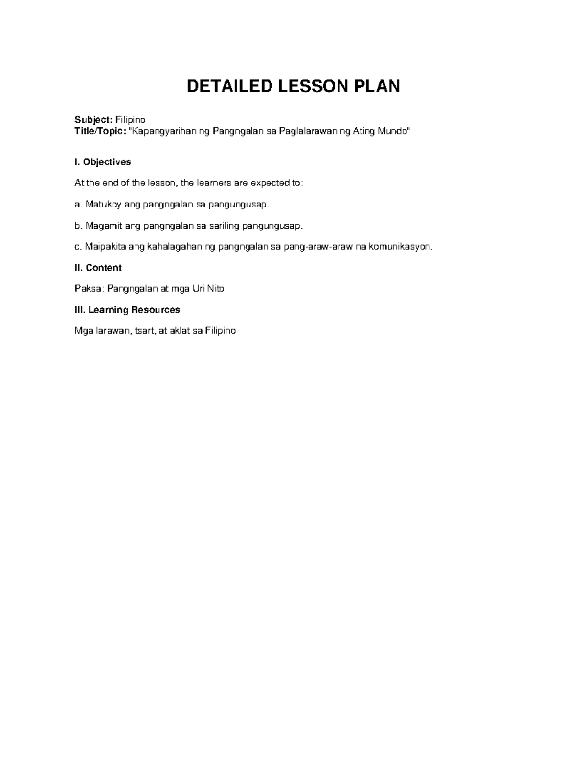 LEZ 101: Lesson Plan on Pangngalan sa Filipino - Studocu
