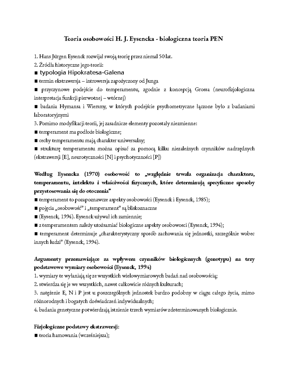Teoria osobowości H. J. Eysencka: Biologiczny model PEN - Studocu