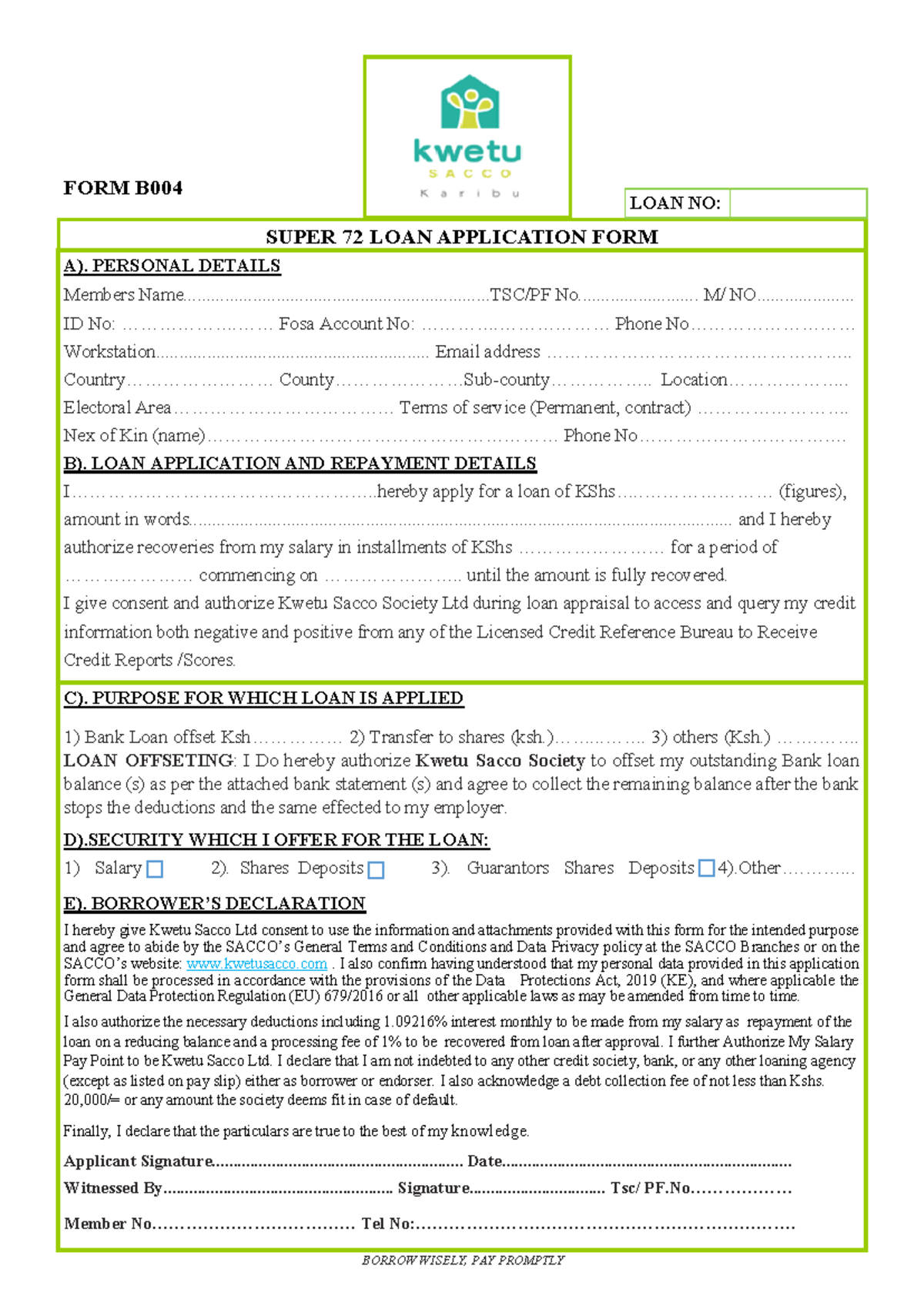 LOAN Application- Super 72 Amended - BORROW WISELY, PAY PROMPTLY SUPER ...