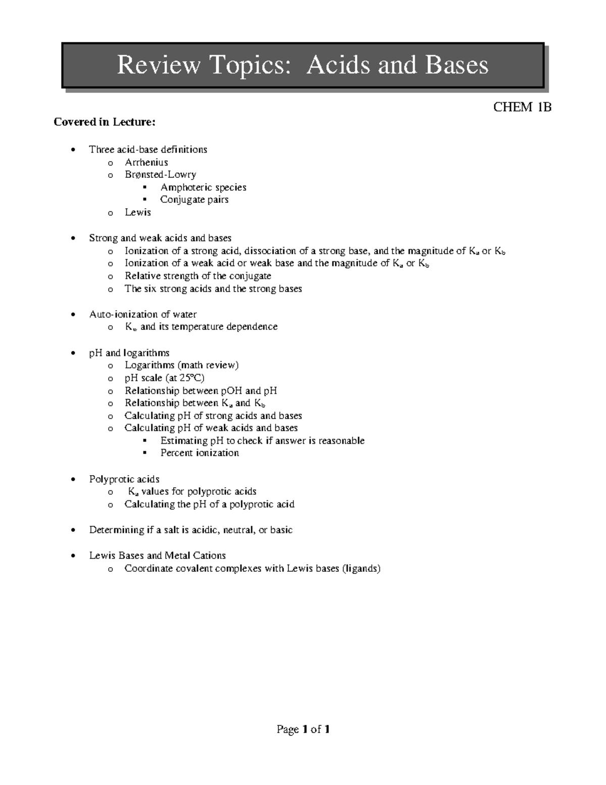 Review Topics for CHEM 1B: Acids and Bases Lecture Notes - Studocu