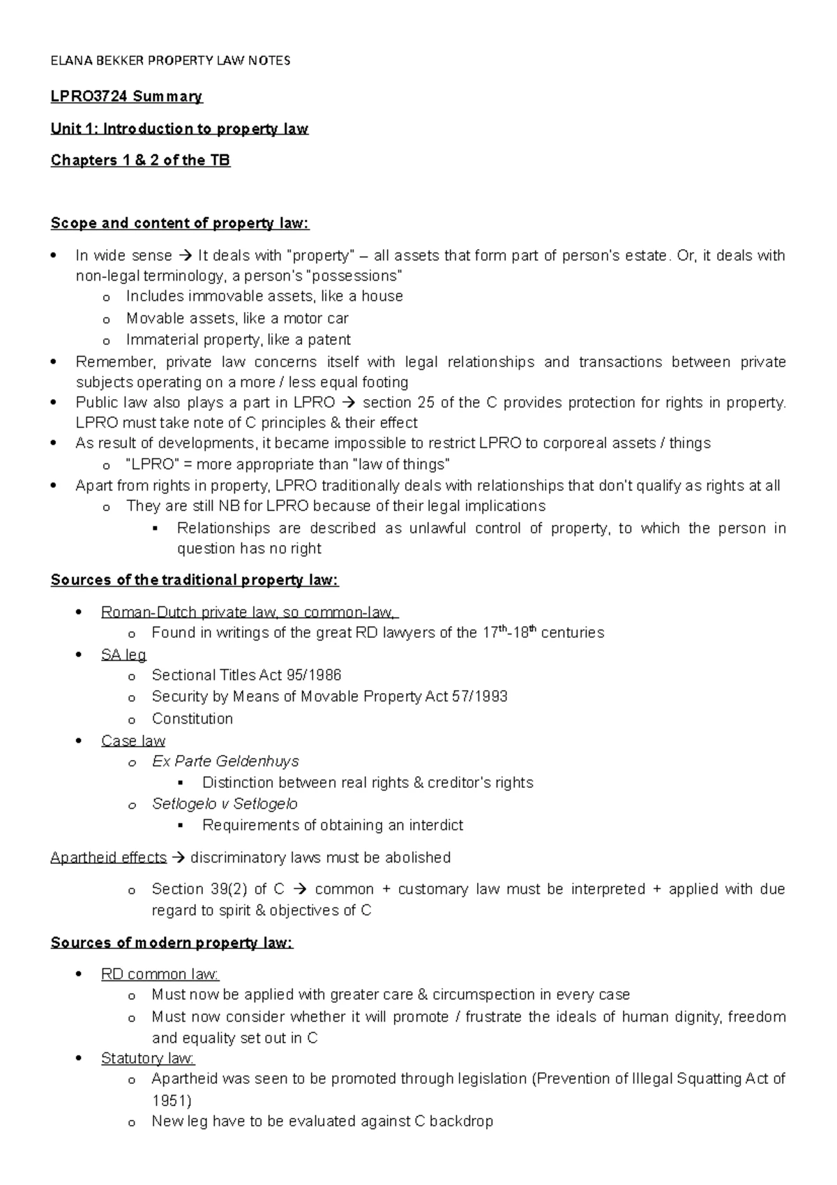 Law of Property notes - chapter 3 Property rights, real rights and ...