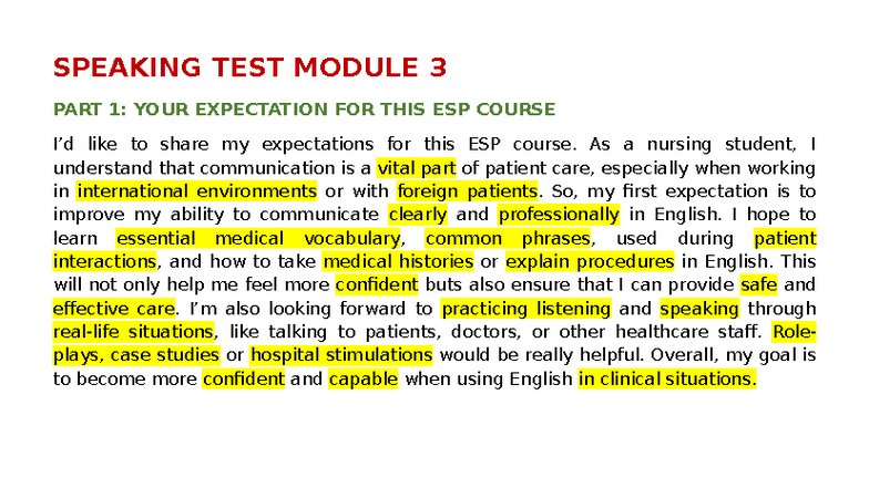 SPEAKING TEST MODULE 3: EXPECTATIONS & TOPICS IN ESP - MMB - Studocu