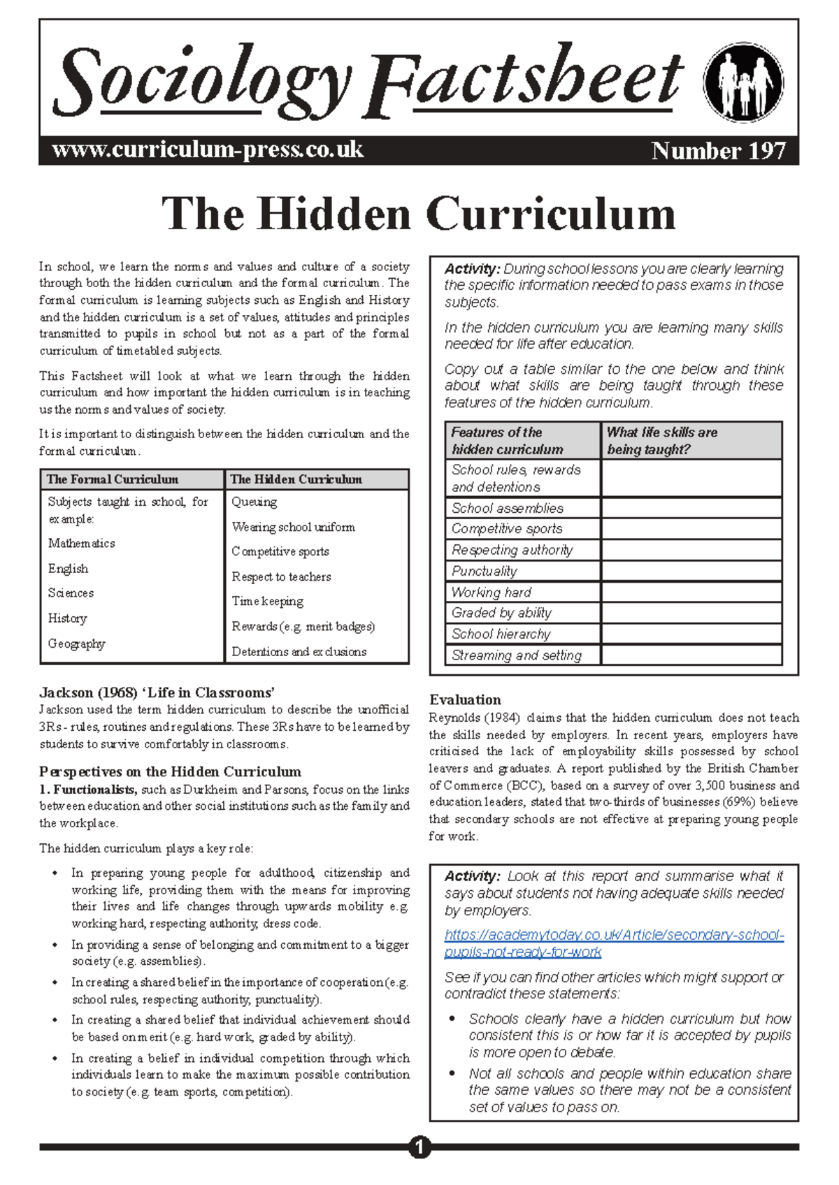 Sociology Factsheet 197: Understanding the Hidden Curriculum - Studocu