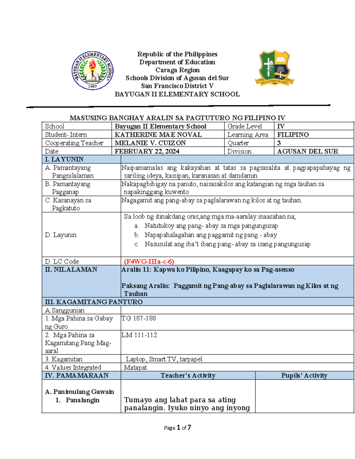4AS FIL IV - Detailed Lesson Plan on Pang-abay in Filipino - Studocu