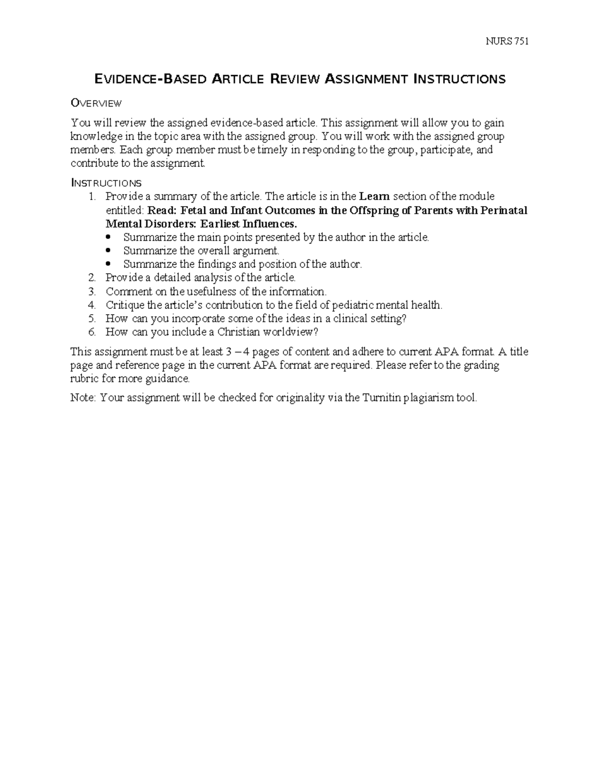 NURS 751 Evidence-Based Article Review Assignment Instructions - Studocu