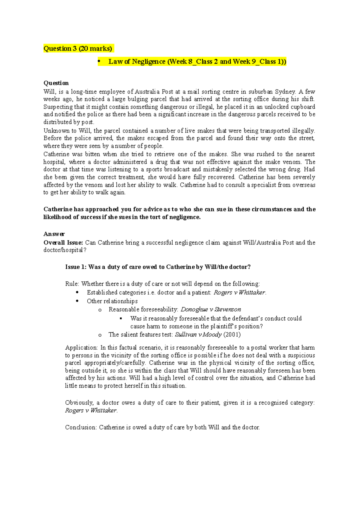 LAWS1001 Answering Legal Problems Negligence - Question 3 (20 marks ...