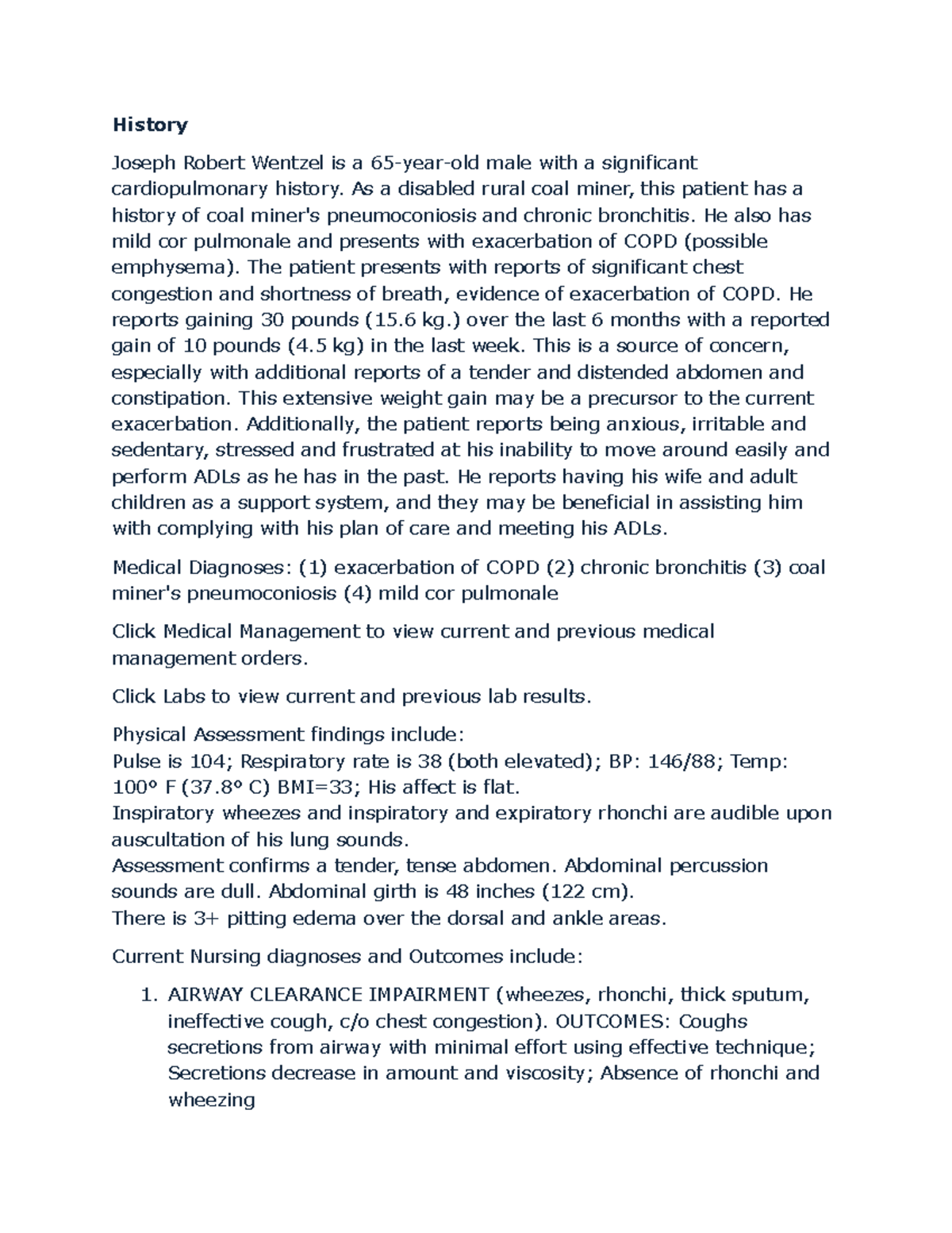 COPD Management Case Study: Joseph R. Wentzel - Nursing Insights - Studocu