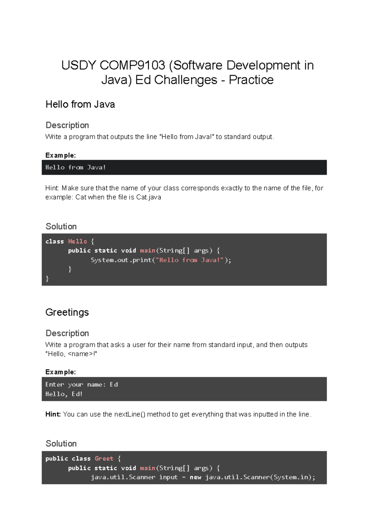 USDY COMP9103 (Software Development in Java) Ed Challenges - Practice ...