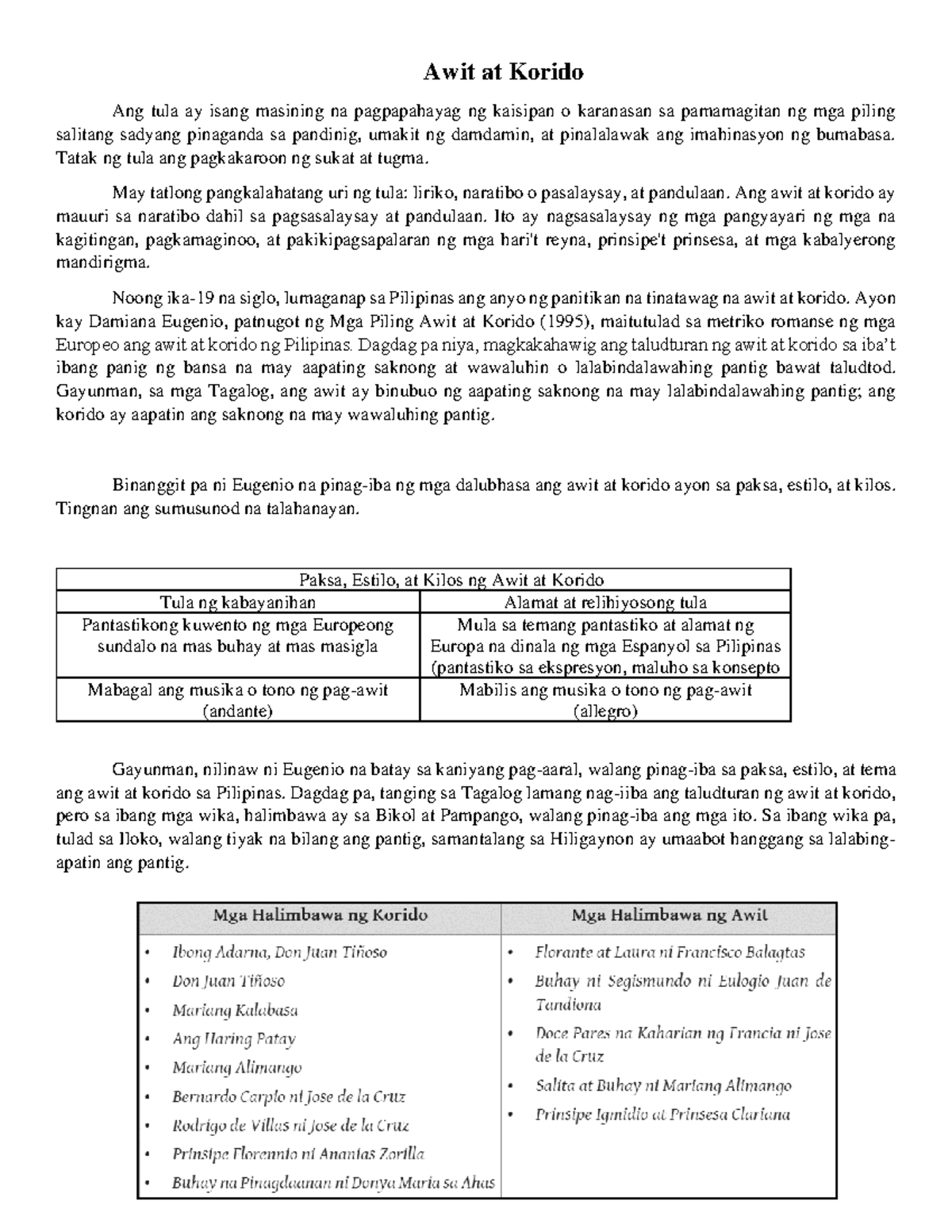 Awit at Korido - Mula sa aklat ng Diwa Publishing Company (Filipino sa ...