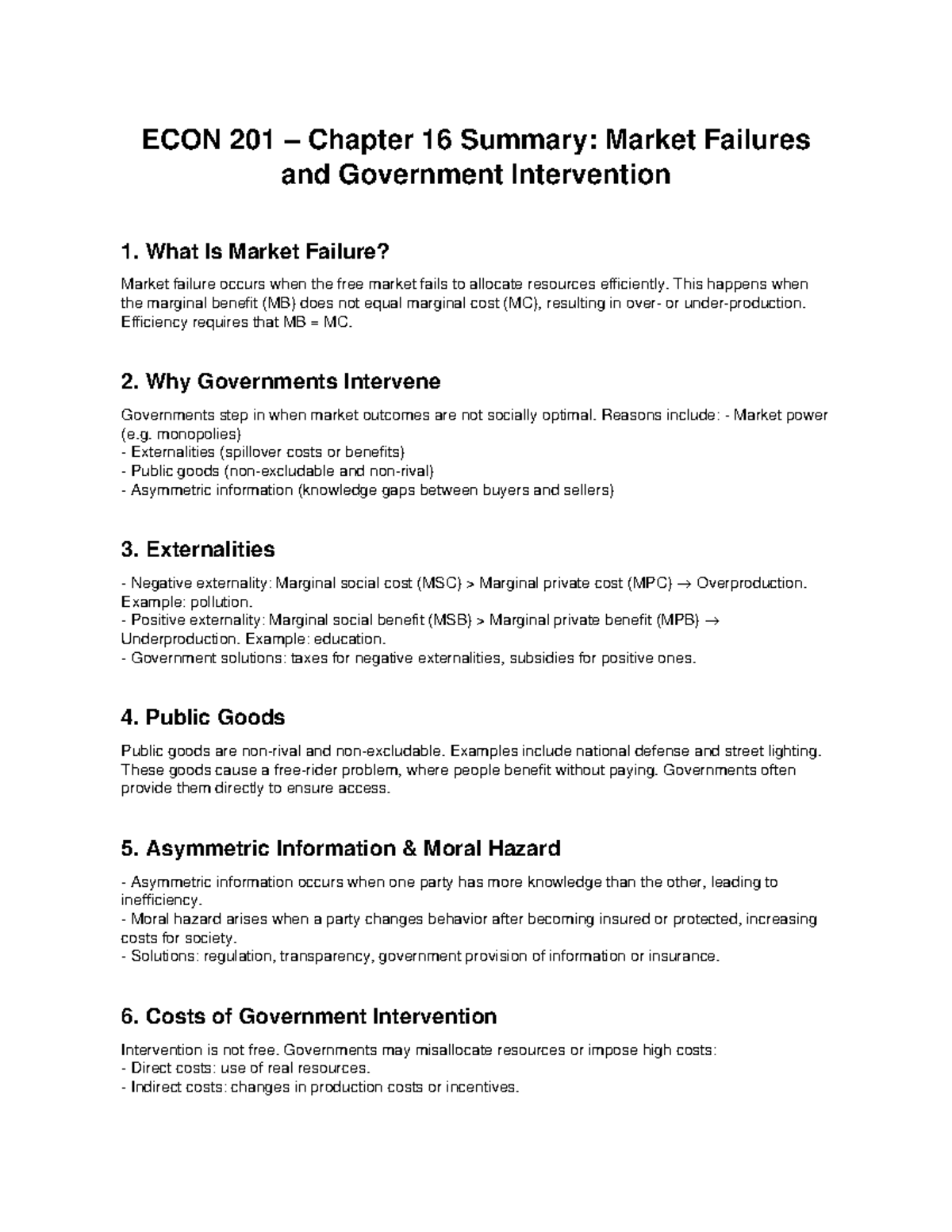 ECON 201 Chapter 16 Summary: Market Failures & Gov Intervention - Studocu