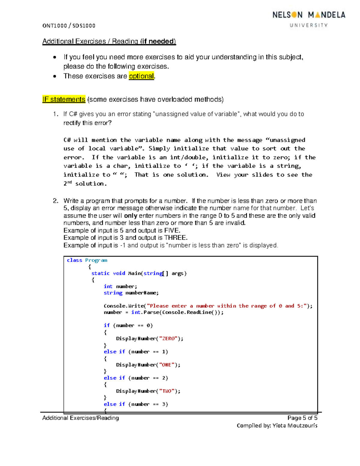 C# Programming Exercises and Solutions - ONT1000 / SDS1000 - Studocu