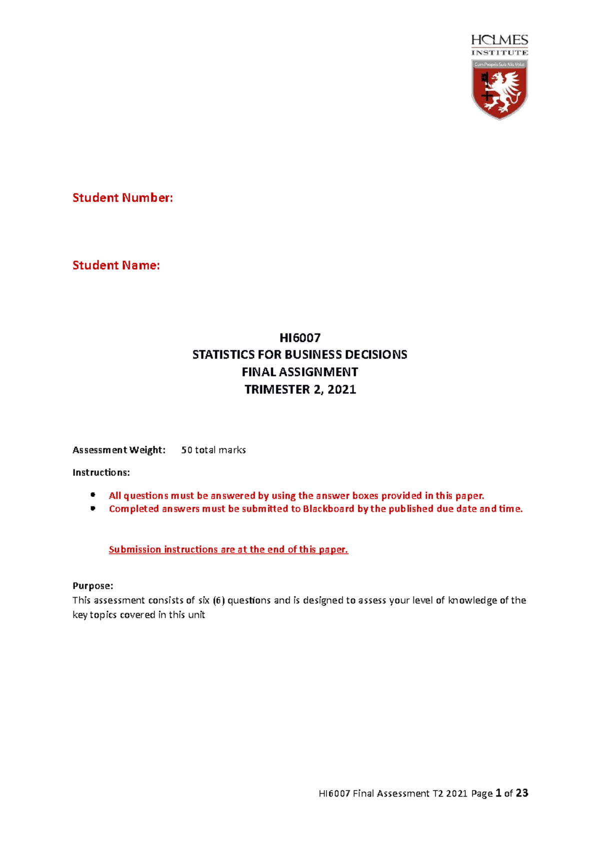 HI6007 Final Assessment: Statistics for Business Decisions Overview ...