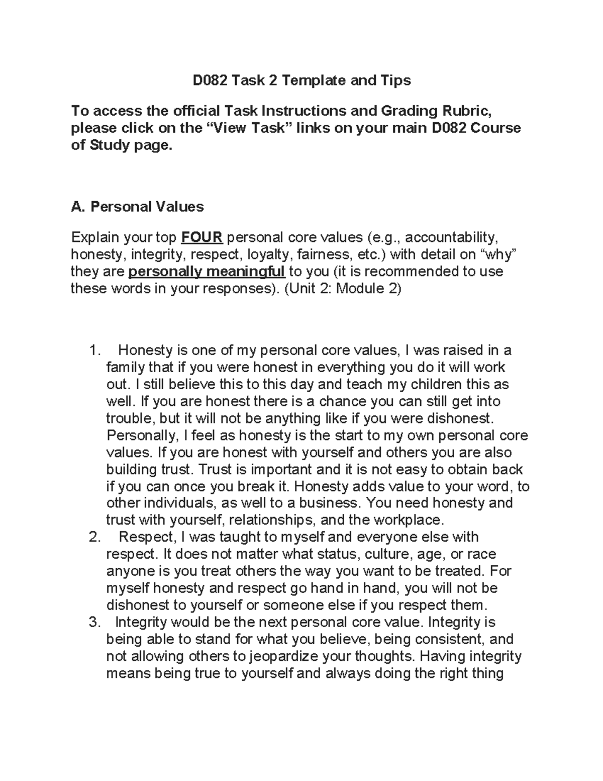 D082 Task 2 Template and Tips - A. Personal Values Explain your top ...
