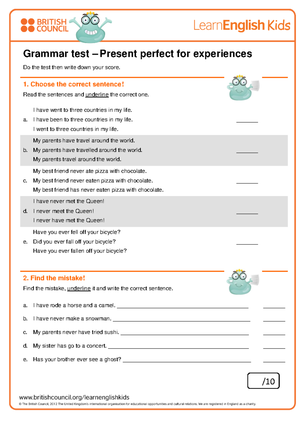 Grammar Practice: Present Perfect for Experiences Test - Studocu