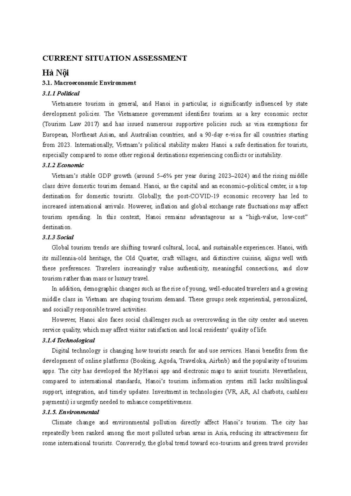 CURRENT SITUATION ASSESSMENT OF HANOI TOURISM: MACRO & MICRO ANALYSIS ...