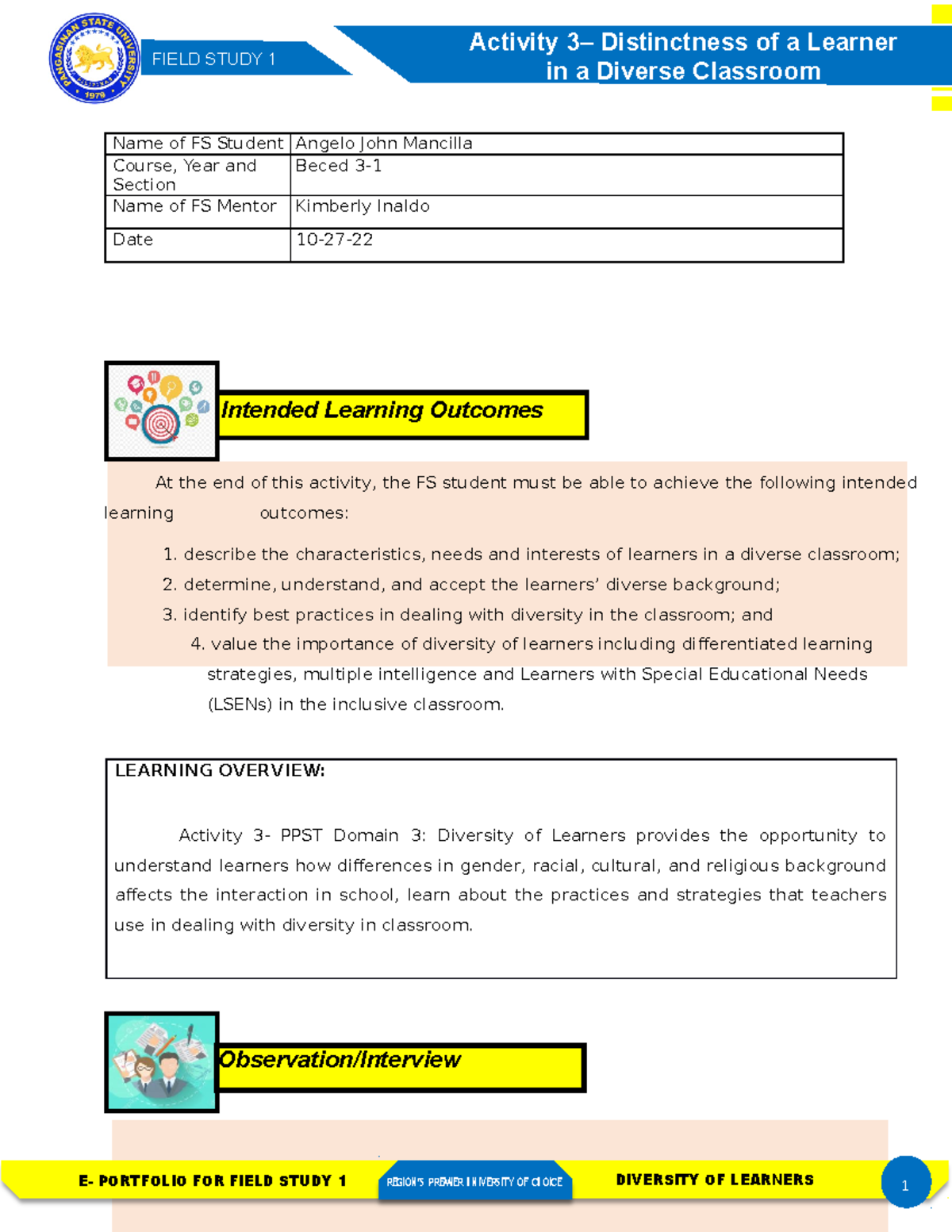FS1-Activity-3: Understanding Diversity in the Classroom - Studocu