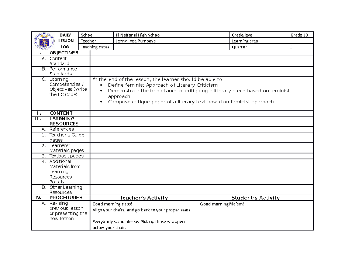 Feminist Approach in Literary Criticism: Lesson Plan 10th Grade - Studocu