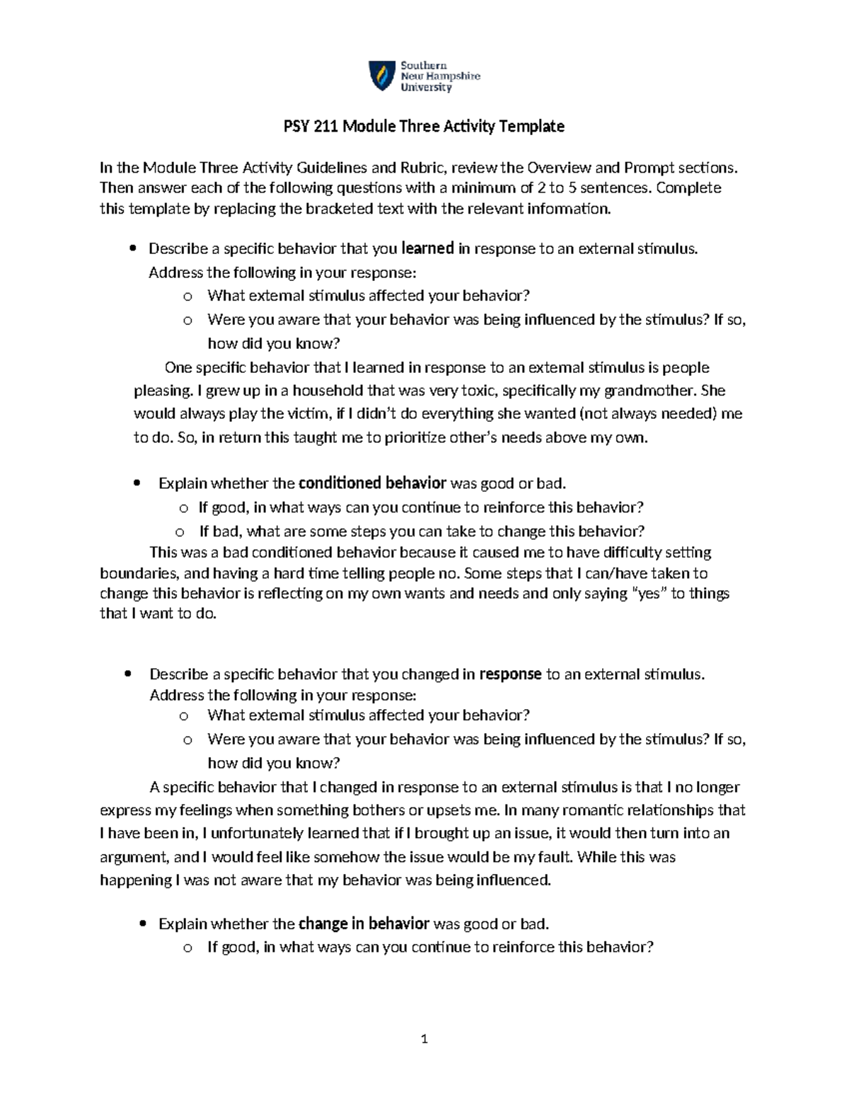 PSY 211 Module Three Activity: Conditioning Behaviors Analysis - Studocu