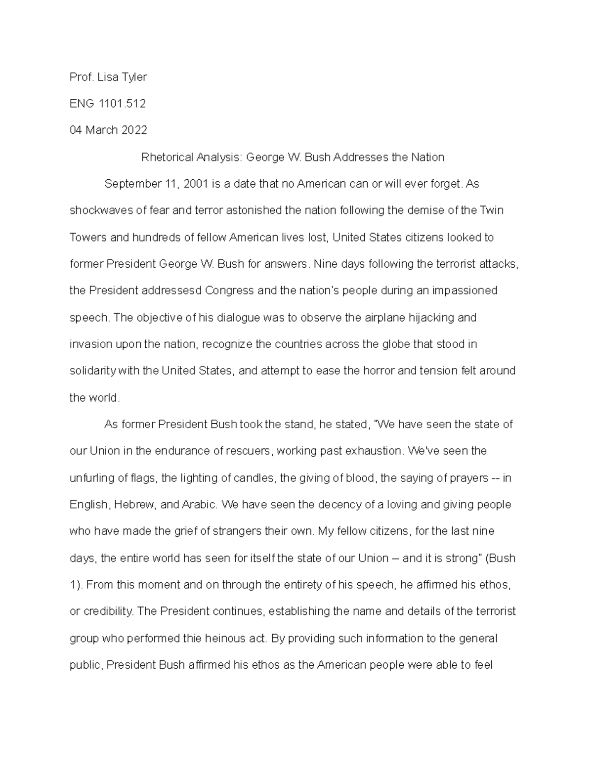Rhetorical Analysis of George W. Bush's 9/11 Speech - ENG 1101 - Studocu