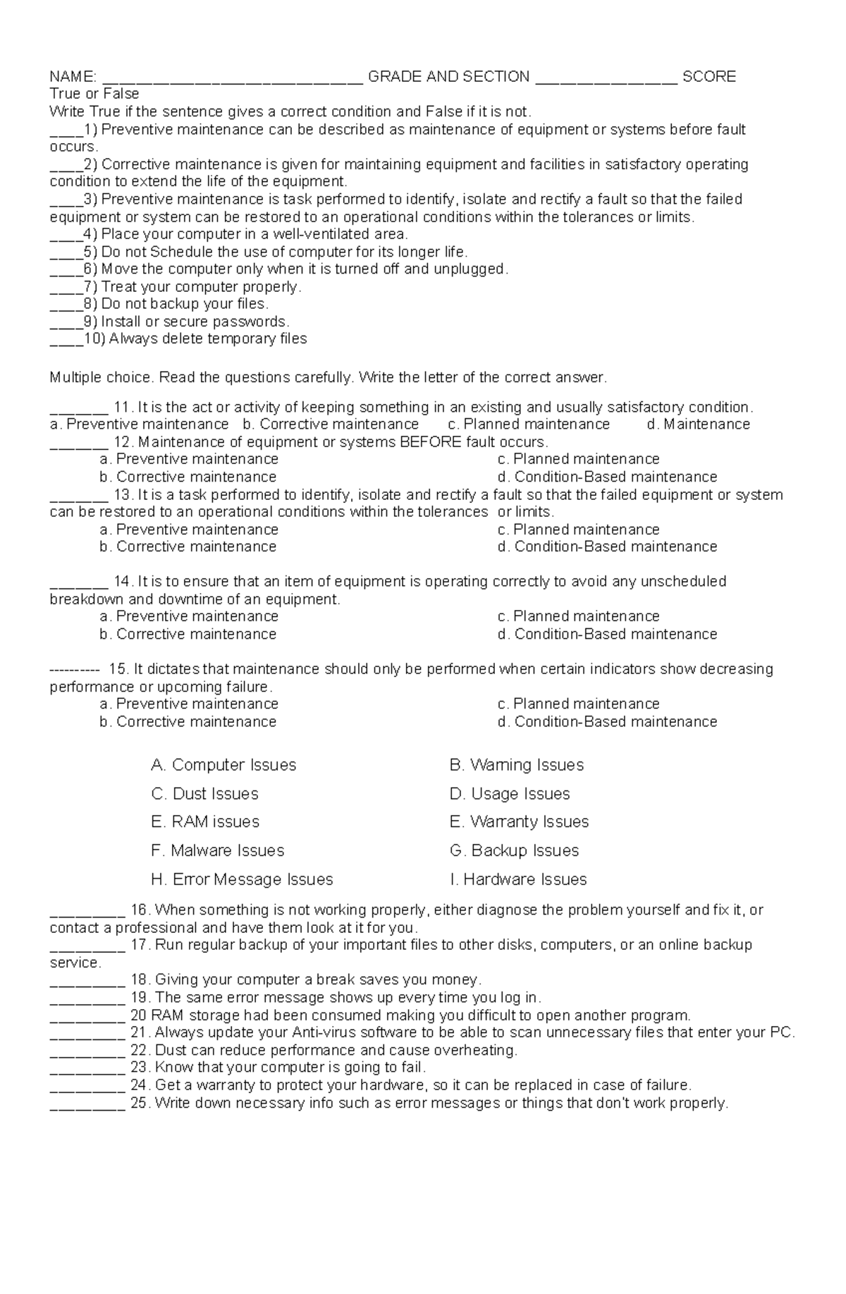 QUIZ 1: Preventive & Corrective Maintenance - ICT CSS 10 - Studocu
