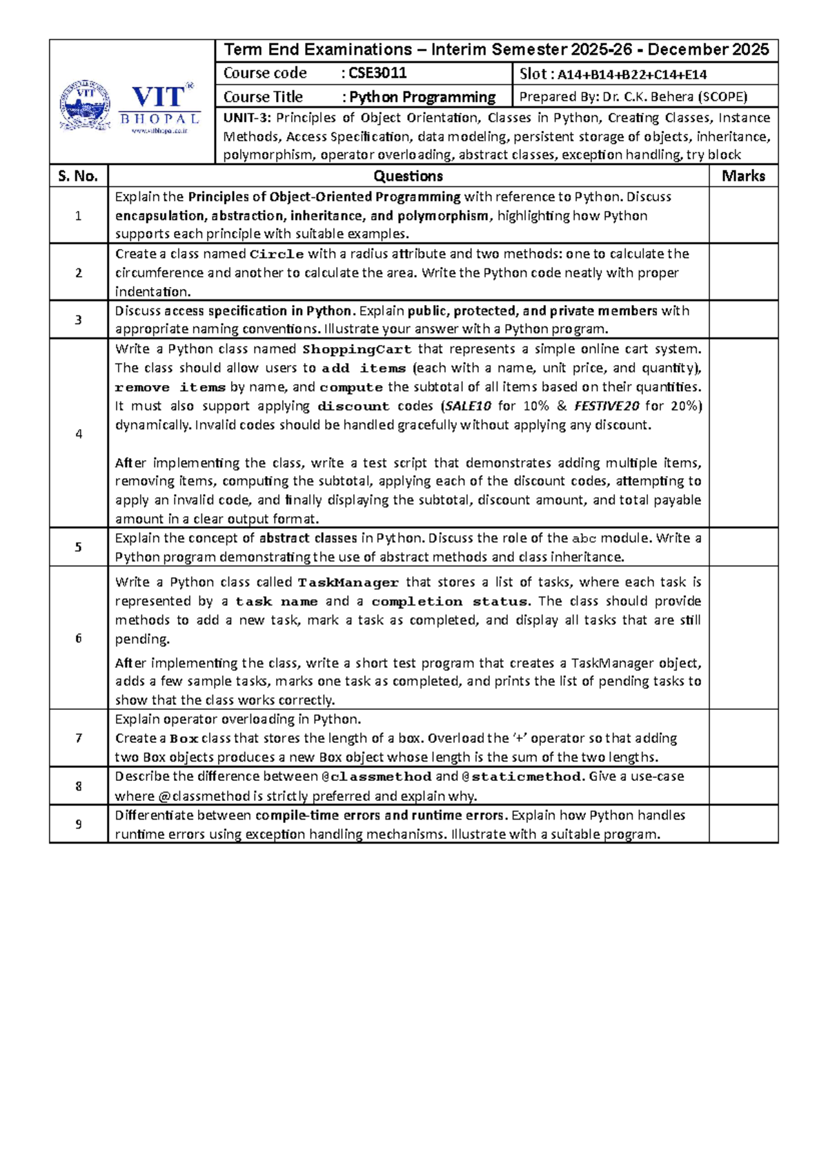 CSE3011 - Python Programming Term End Exam Questions & Concepts - Studocu