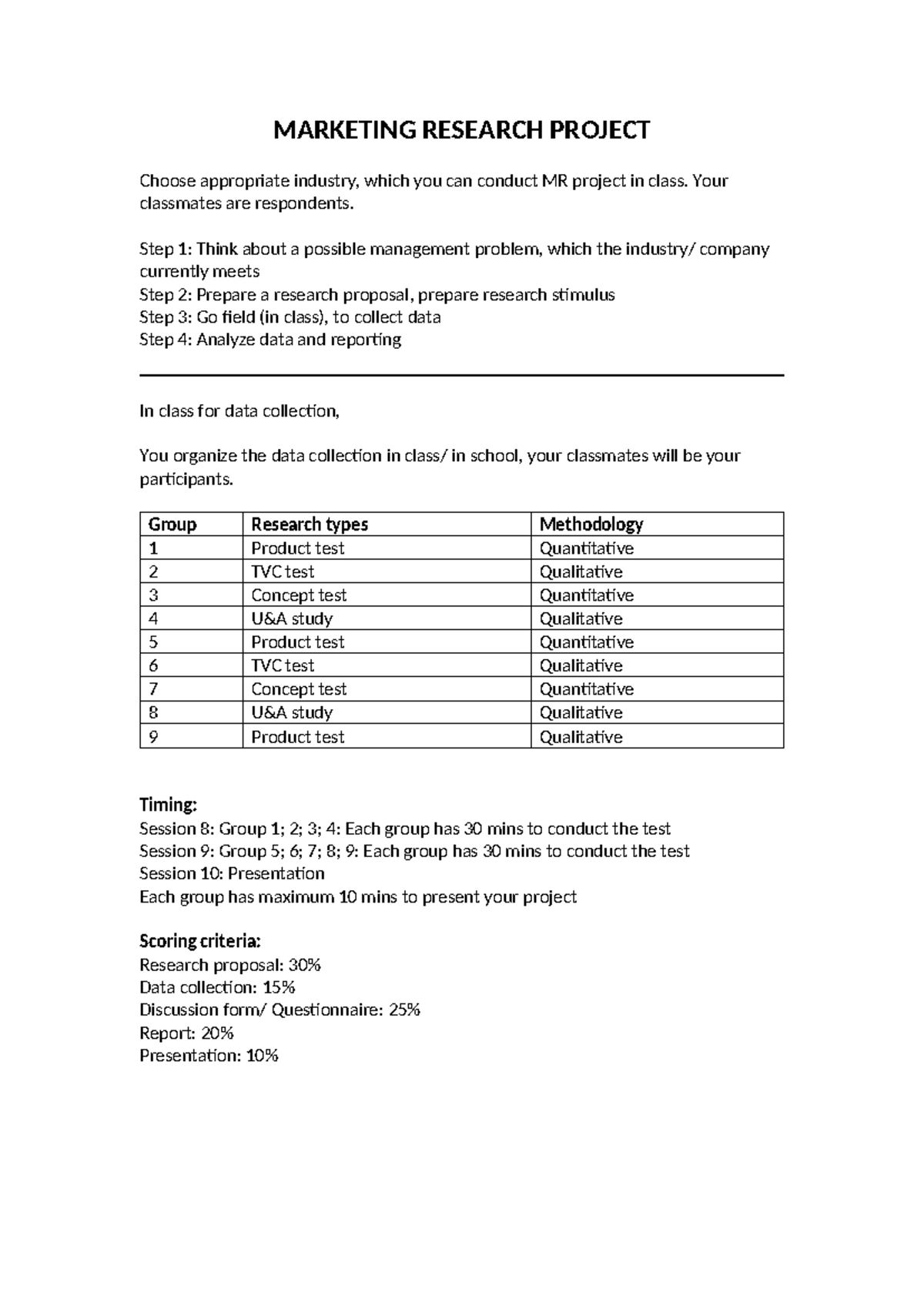 Marketing Research Project Proposal Guidelines for Class Exercise - Studocu