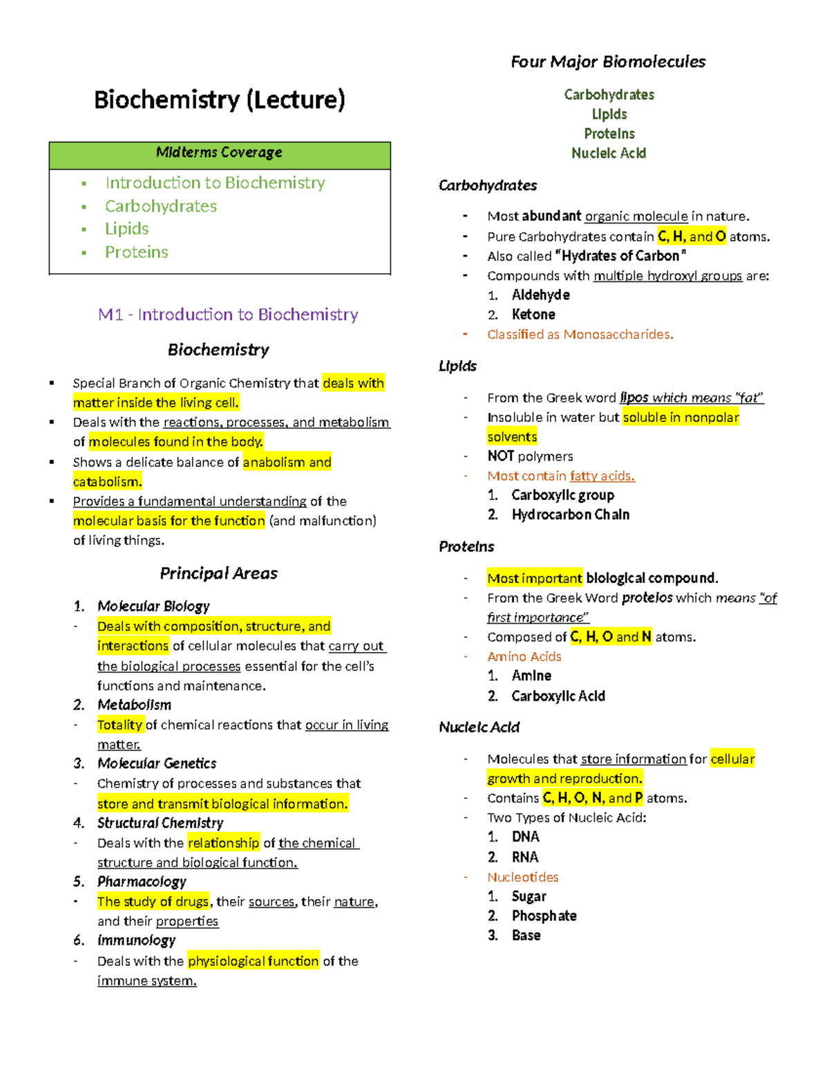 Biochem 101 Midterm Study Guide: Key Concepts & Coverage - Studocu
