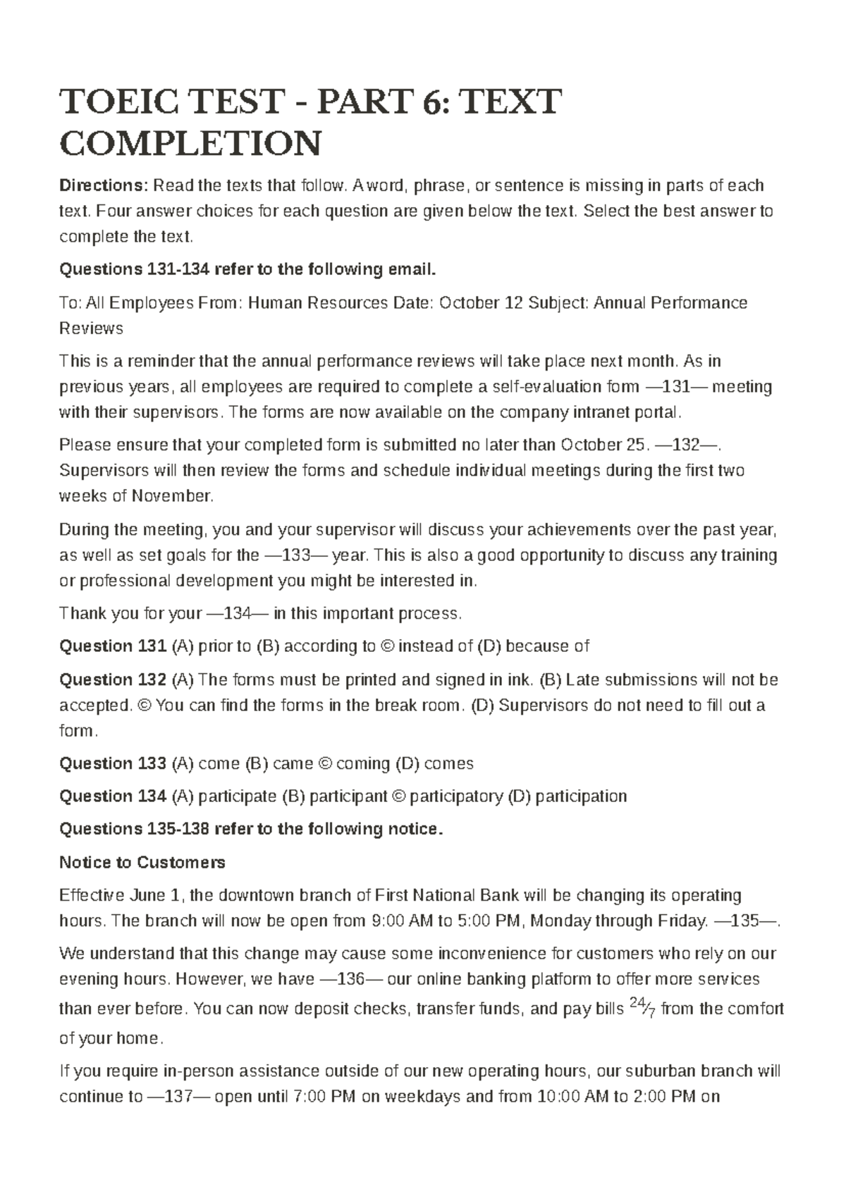 Part 6 Text Completion - TOEIC Practice Test - Studocu