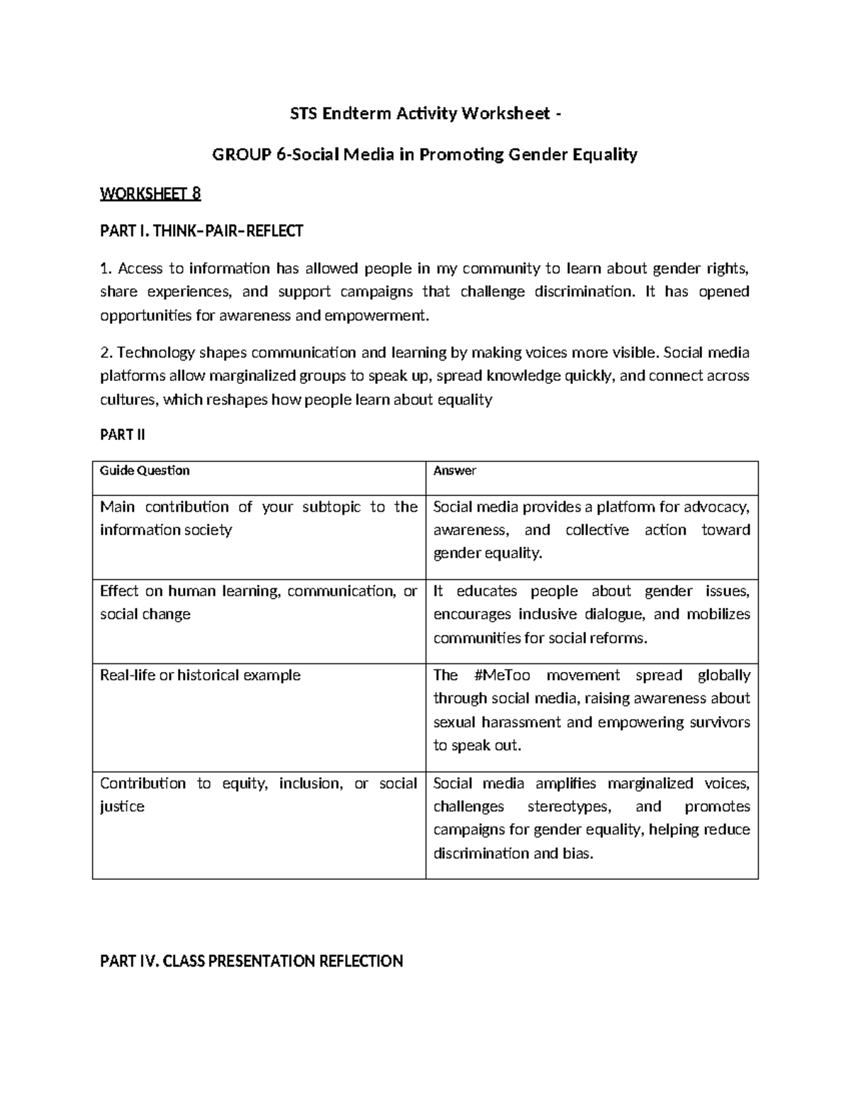 STS 6 Endterm Worksheet: Media & Gender Equality Advocacy - Studocu