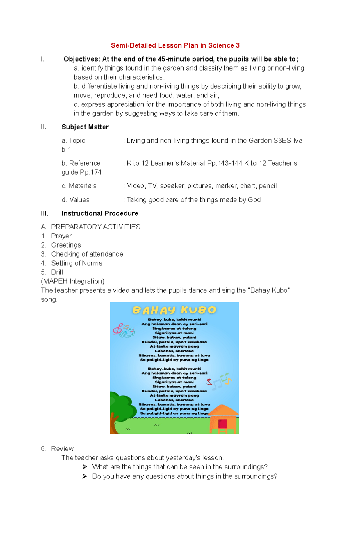 Science 3 Lesson Plan: Living and Nonliving Things in the Garden - Studocu