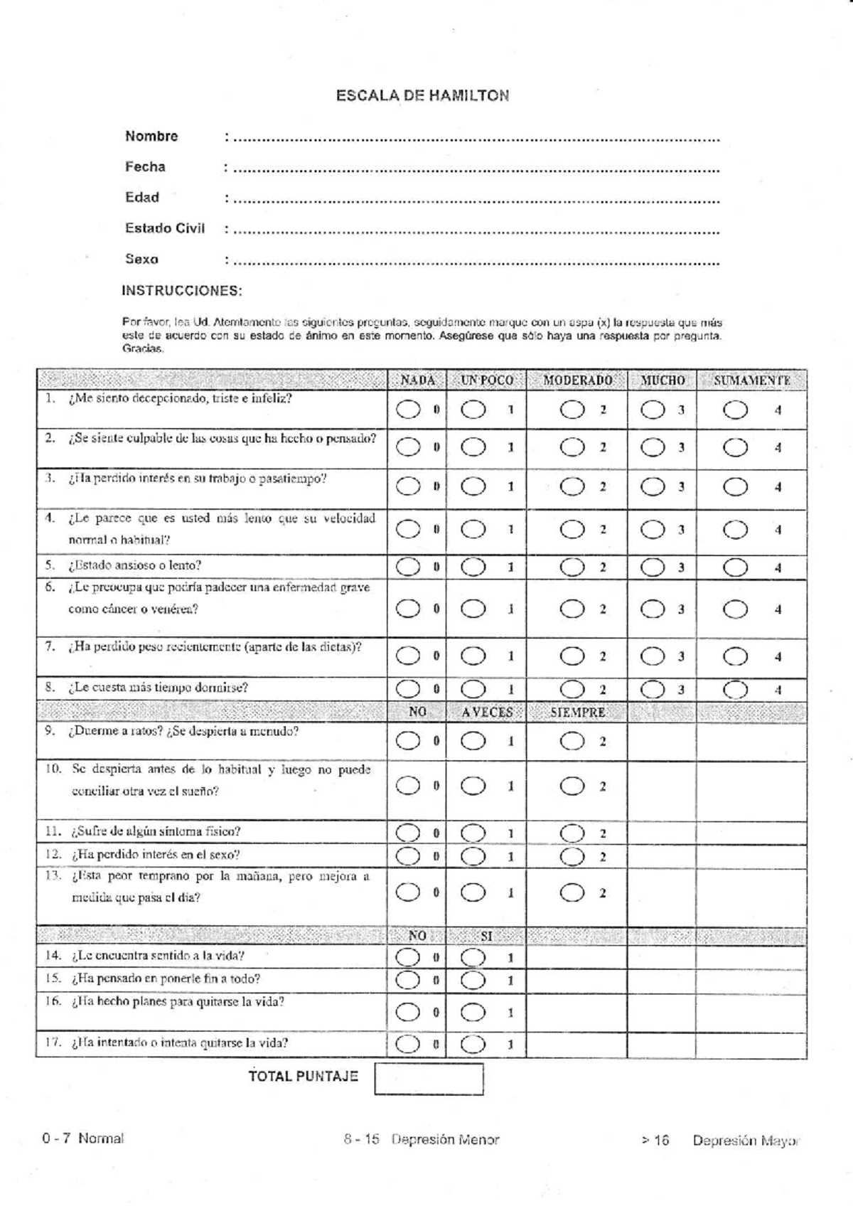 Escala de Hamilton para Evaluación de Depresión - ESC 101 - Studocu
